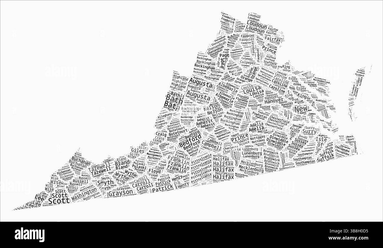 Virginia Text Style Counties. State region names word clouds in the English language. Trending ...