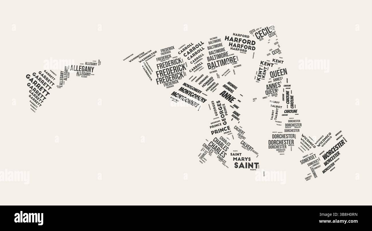 Maryland Word Cloud. State with counties division. Maryland typographic ...