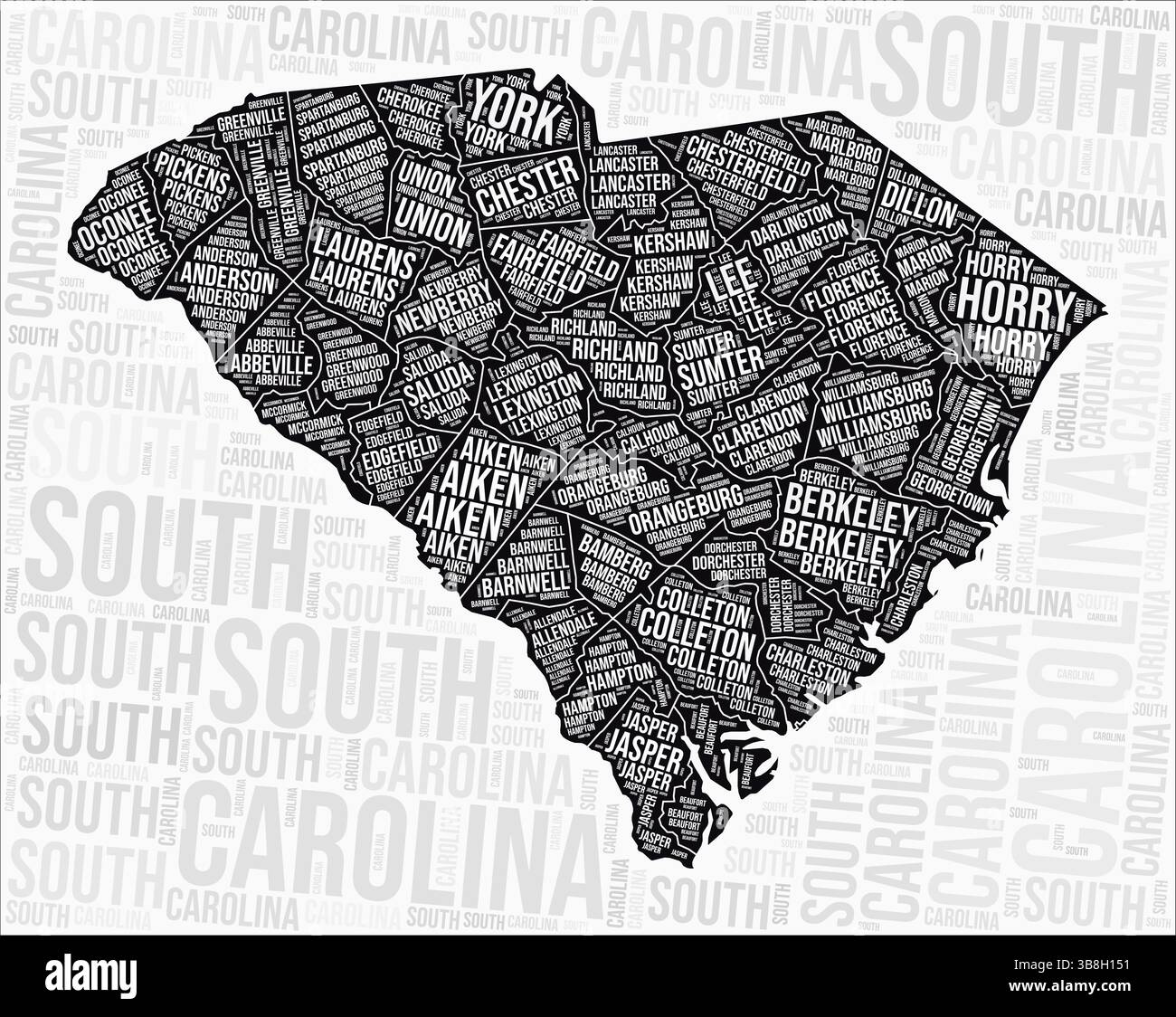 South Carolina counties map word cloud. South Carolina region names ...