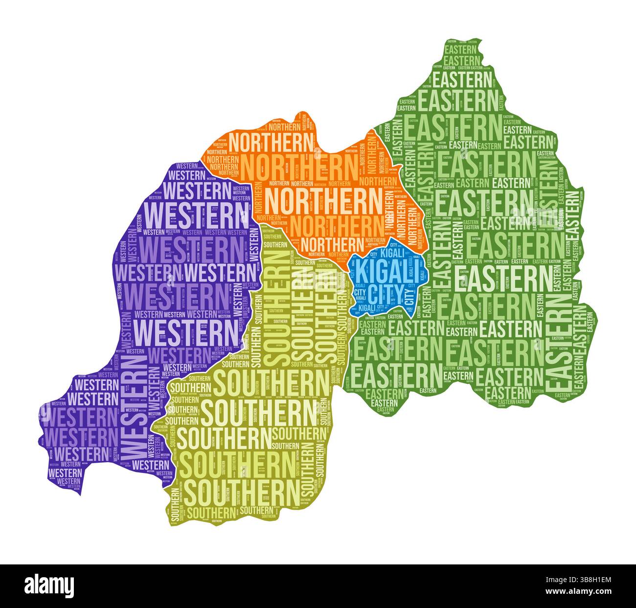 Rwanda shape. Country word cloud with region division. Rwanda colored ...