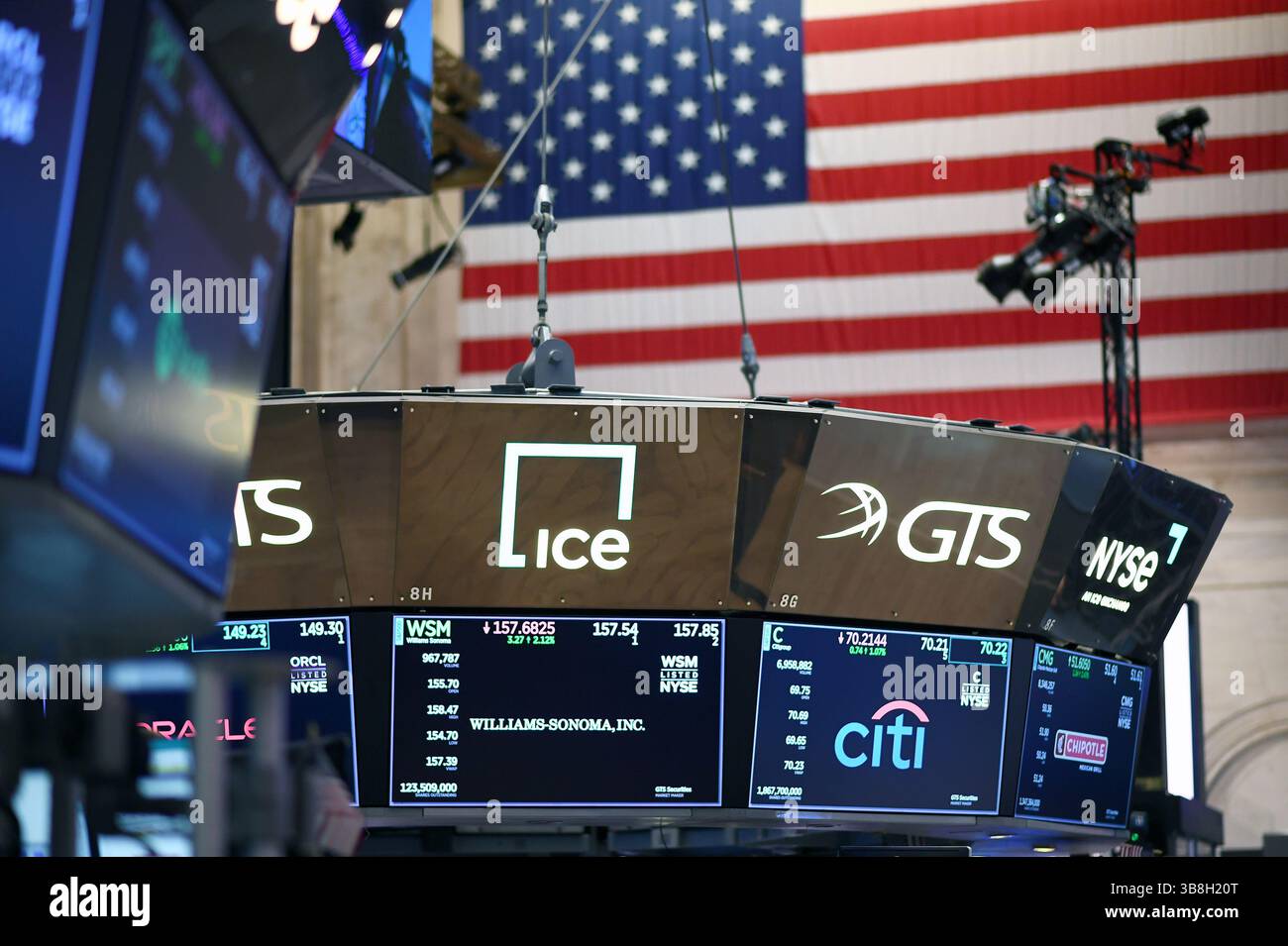 New York, USA. 07th May, 2025. Stock indicators seen above the floor of ...