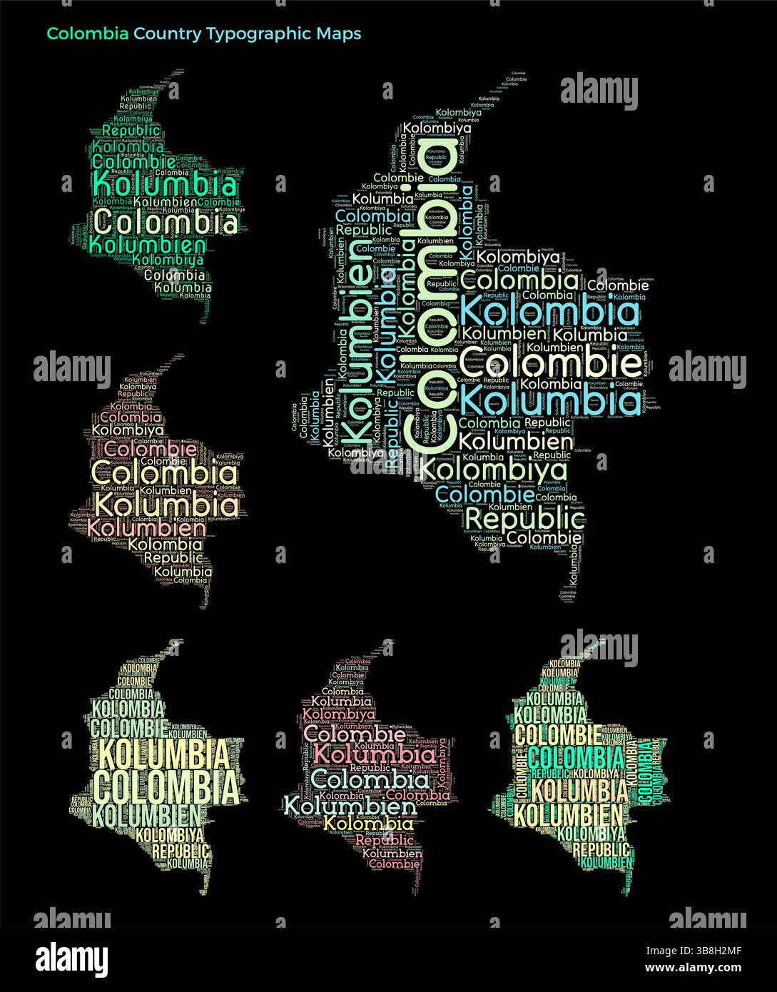 Colombia. Set of typography style country illustrations. Colombia map ...