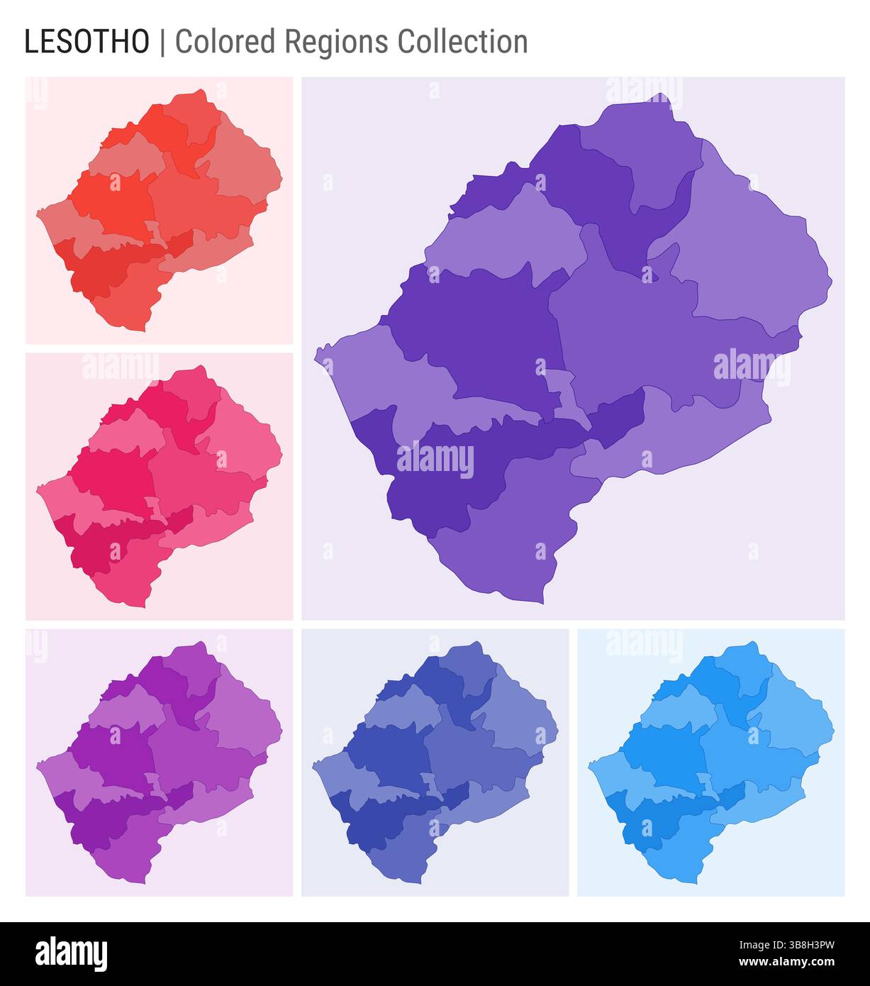 Lesotho map collection. Country shape with colored regions. Deep purple, red, pink, purple ...