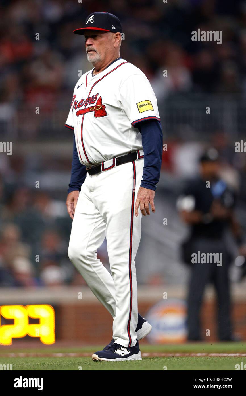 ATLANTA, GA - MAY 07: Atlanta Braves manager Brian Snitker #43 walks ...