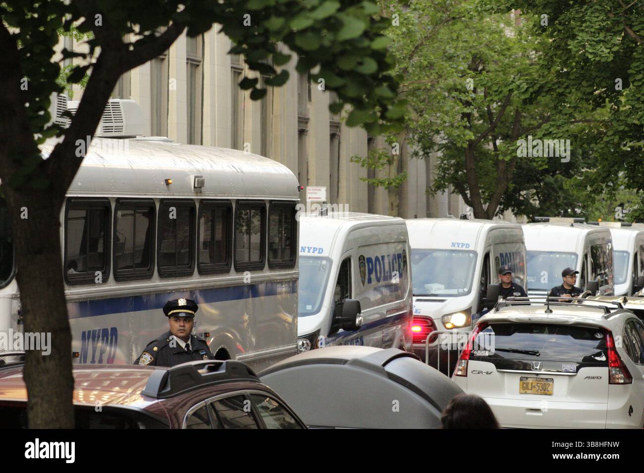 New York, New York, USA. 7th May, 2025. NYPD trucks and buses line up ...