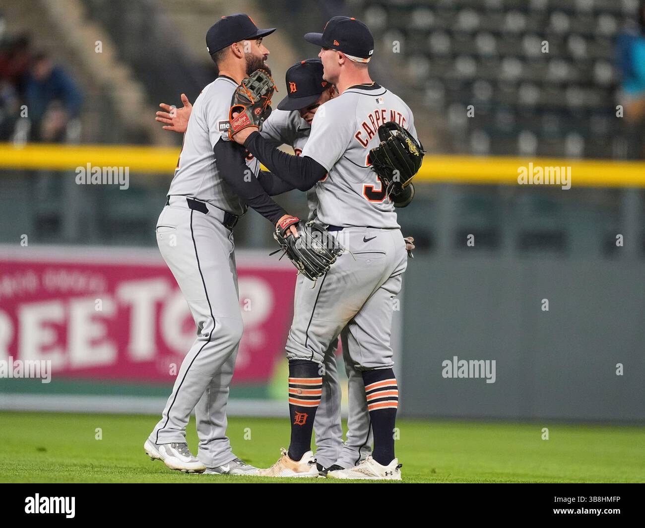 From left, Detroit Tigers left fielder Riley Greene, center fielder ...