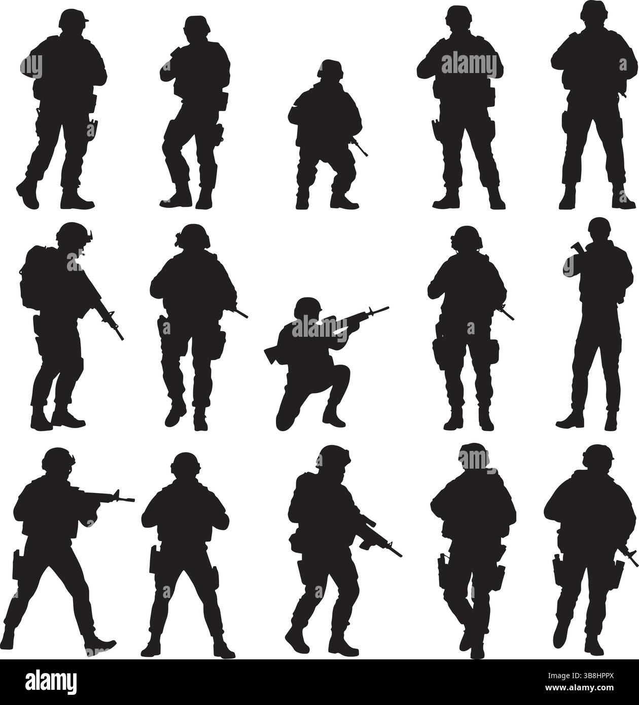 Military Soldier Silhouettes Collection – Black and White Vector Set of ...