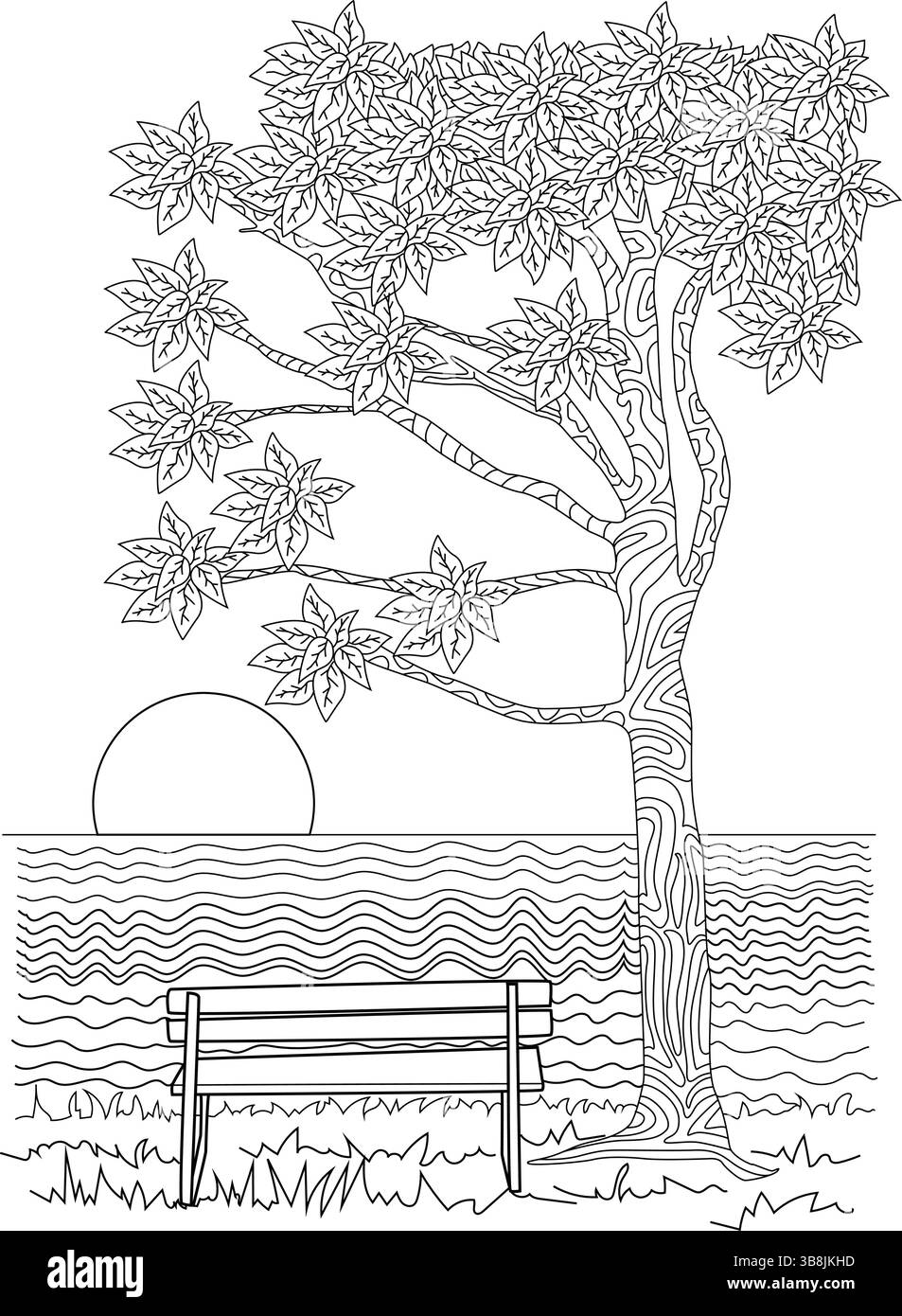 Black and white line art illustration for coloring, featuring a park ...