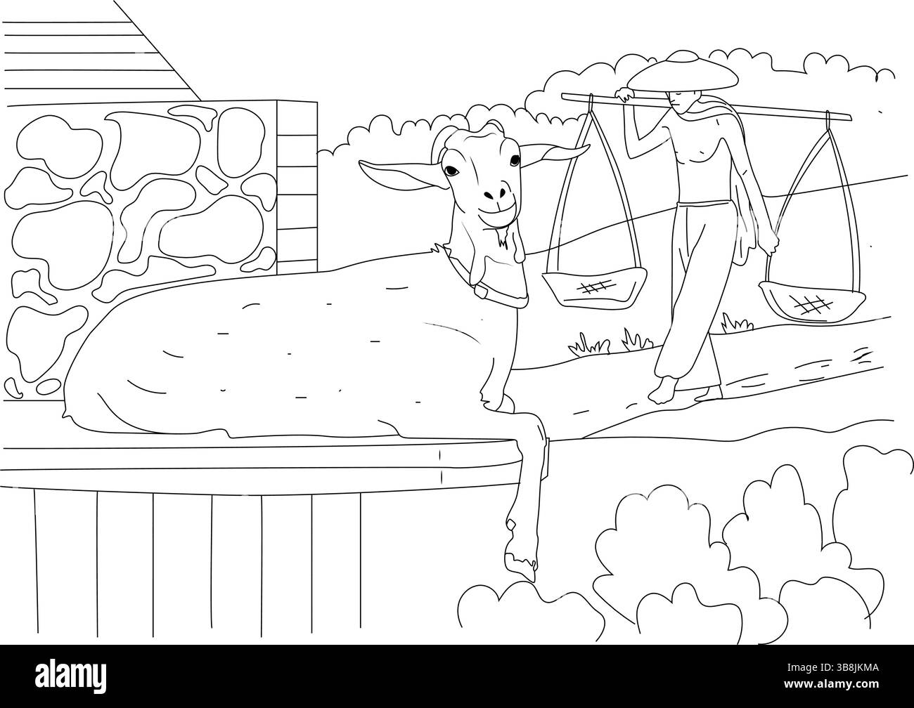 Simple line drawing illustration depicting a goat lying down in a ...