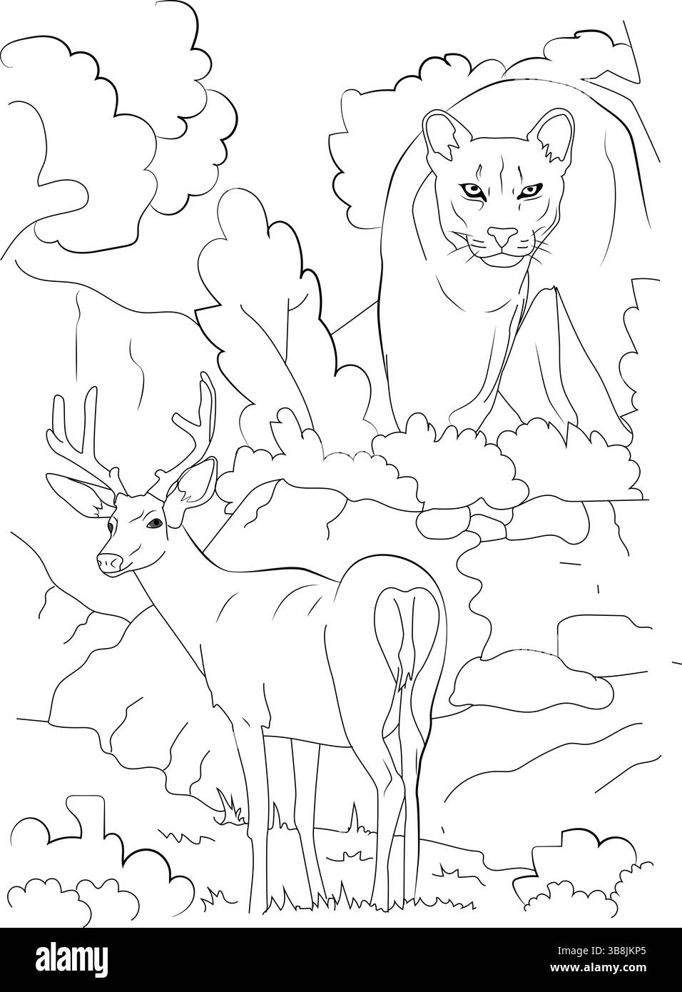 A monochrome line art illustration featuring a cougar or puma observing ...