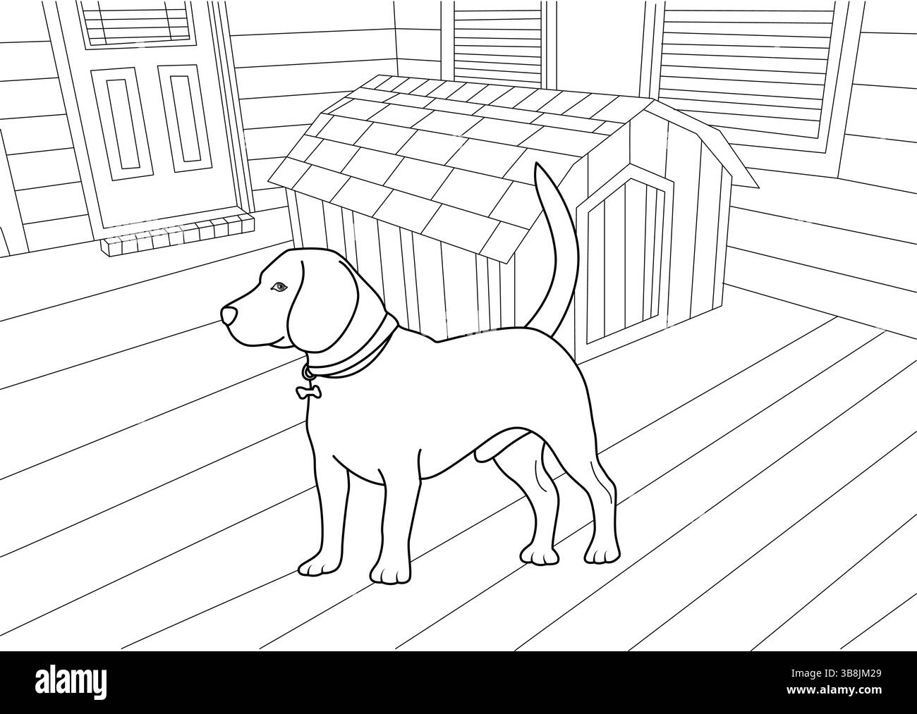 A black and white line art illustration showing a loyal pet dog ...