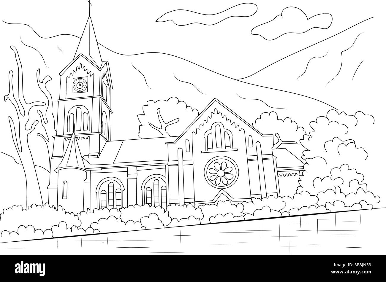 Simple outline drawing of a church building, viewed from the outside ...