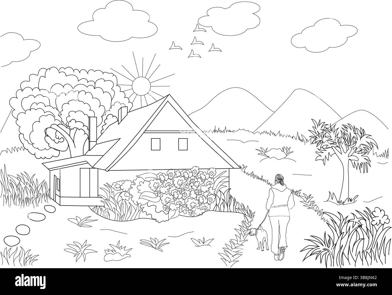 Line drawing illustration depicting a woman walking her dog on a path ...
