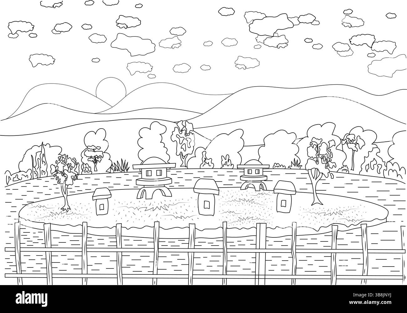 Black and white line art illustration depicting a peaceful garden scene ...