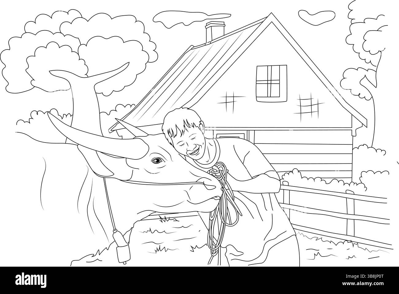 Line art illustration depicting a cheerful farmer lovingly hugging his ...