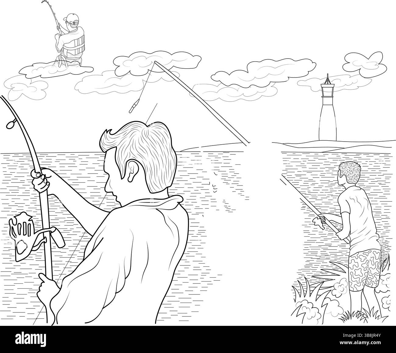 Line art illustration depicting a scene with multiple men fishing. One ...