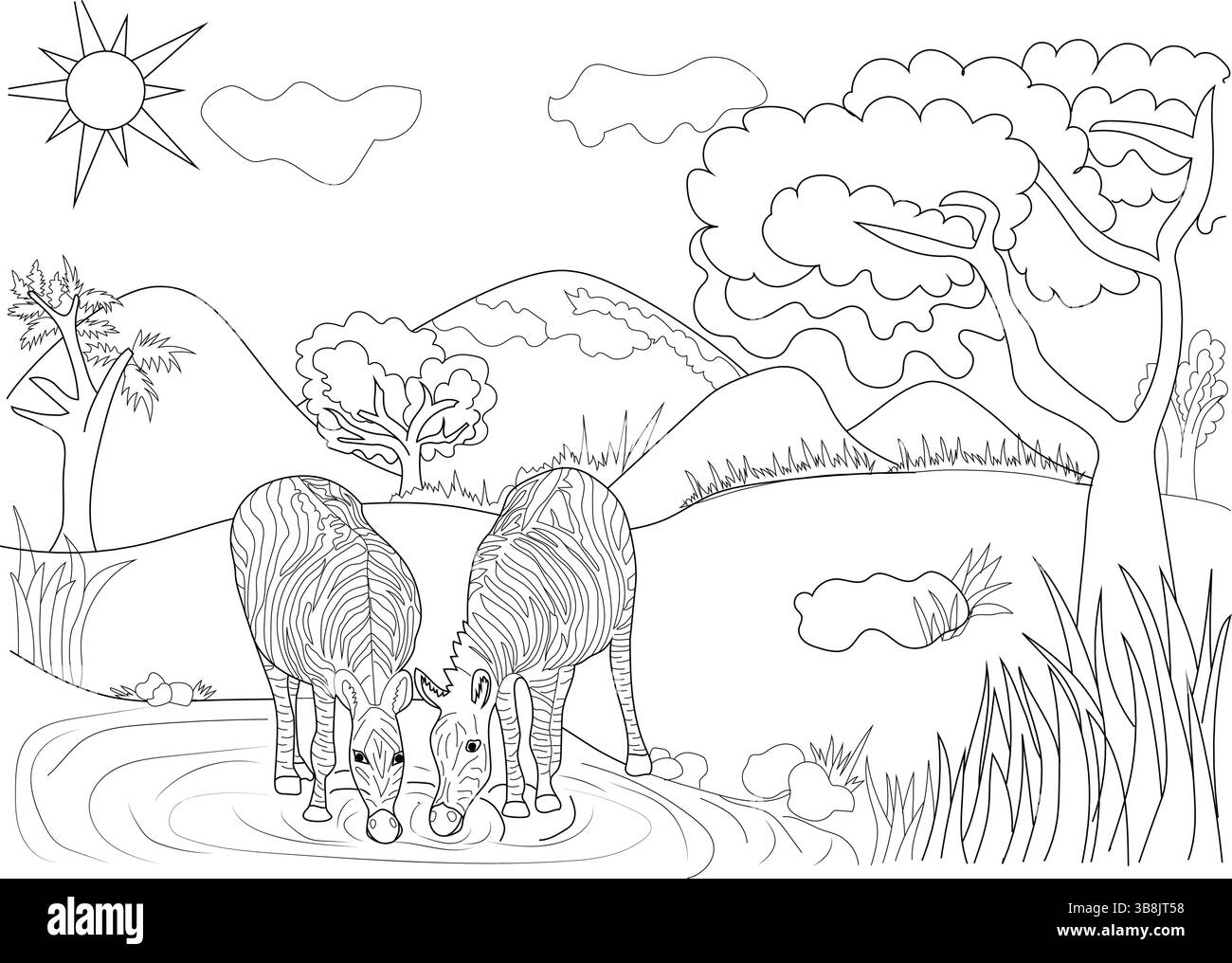 Black and white line drawing of two zebras drinking from a river or ...