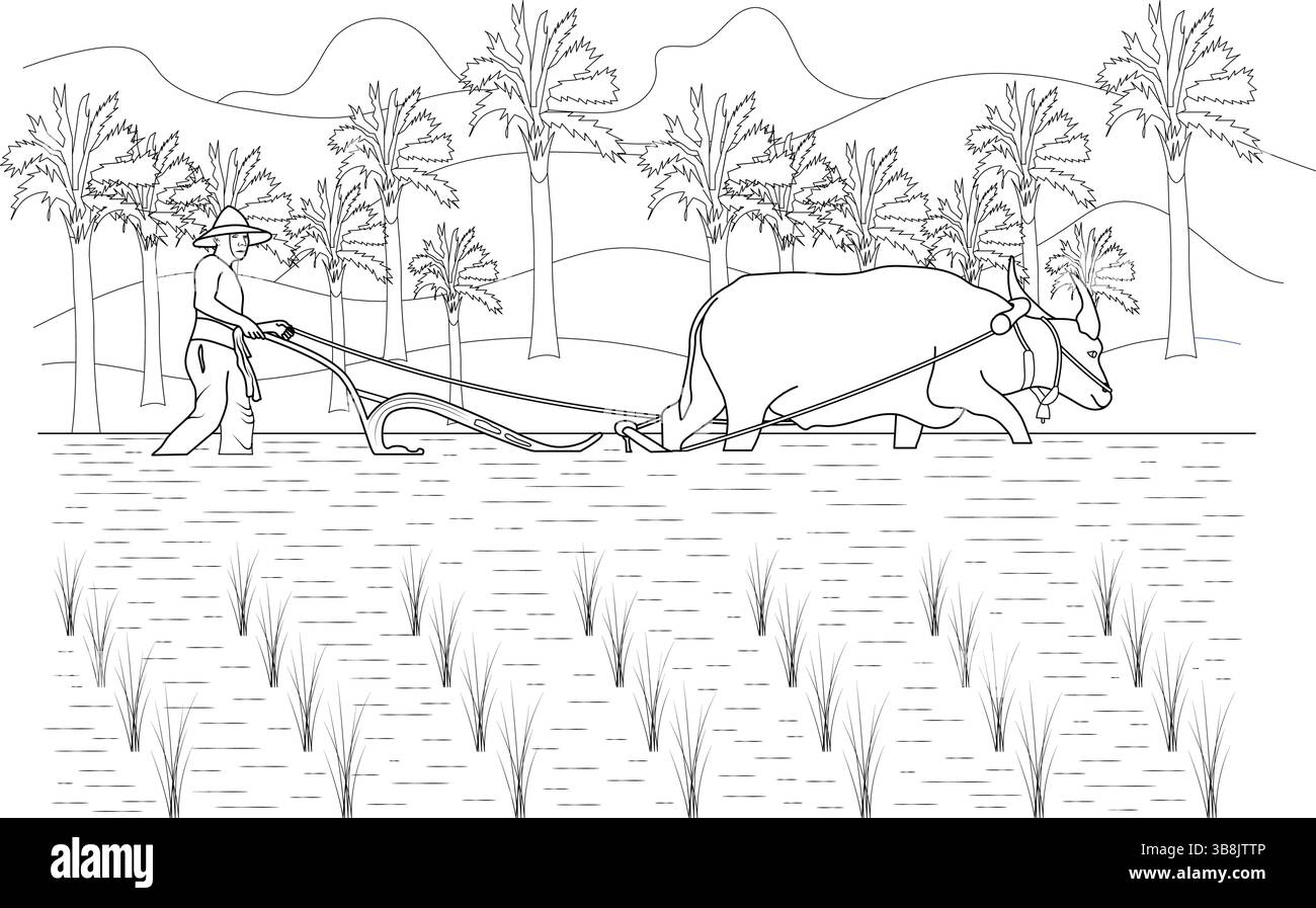 Simple line drawing illustration depicting a traditional scene of a ...