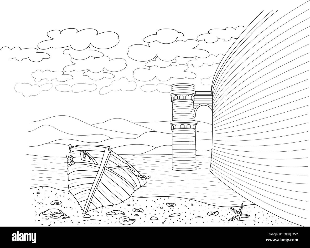 Hand drawn black and white line art sketch depicting a coastal scene ...