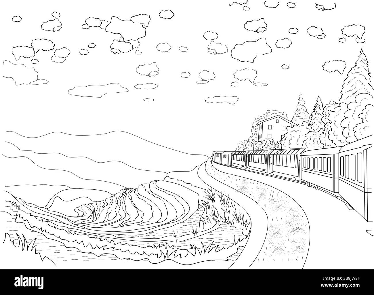 A black and white line art illustration depicting a train winding its ...