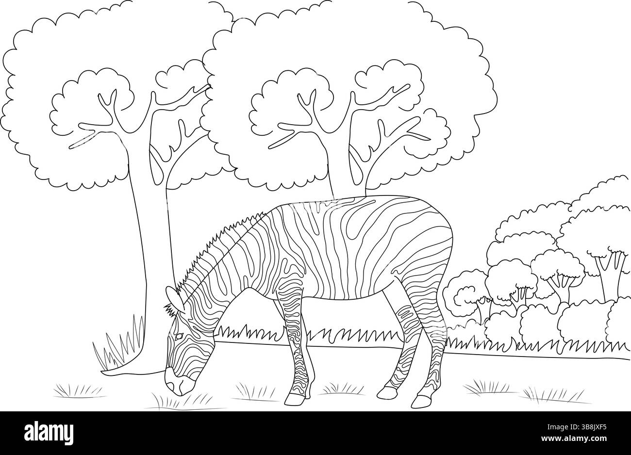 A simple black and white line drawing illustration of a zebra grazing ...