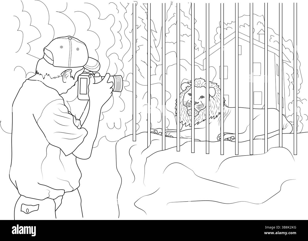 Line drawing illustration of a tourist taking a photograph of a lion in ...