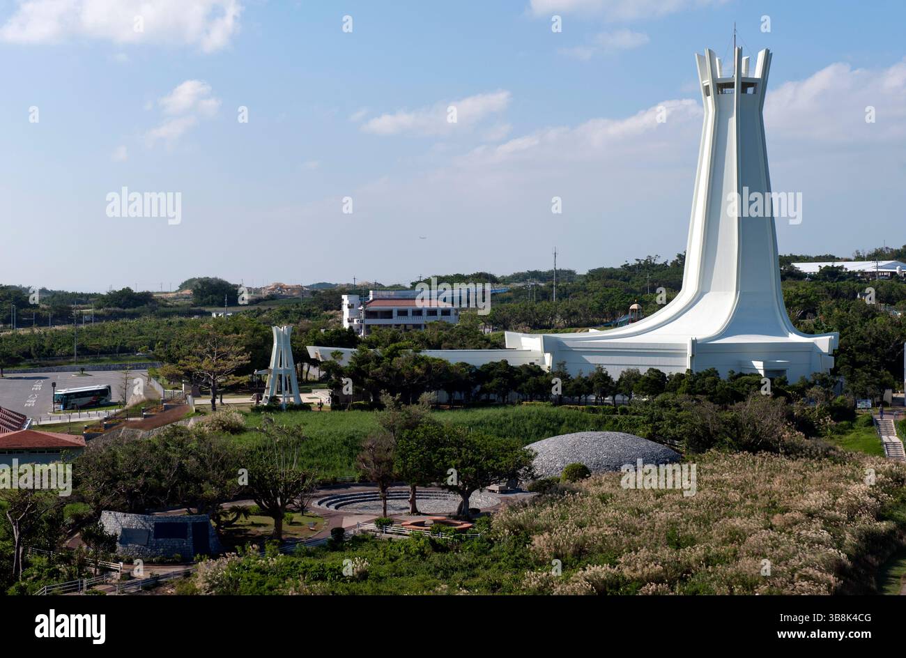 The white Okinawa Peace Hall tower commemorating the 1945 Battle of ...