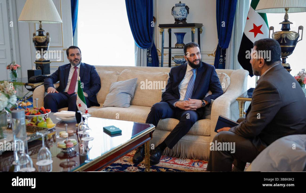 Paris, France. 07th May, 2025. Syrian President Ahmed Al-Sharaa (center ...