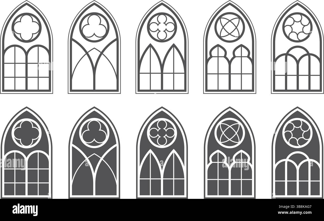 Gothic stained glass frames. Catholic church windows. Silhouettes of ...