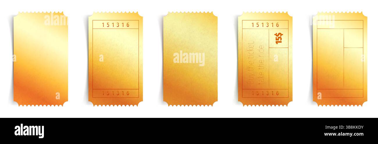 Gold luxury coupon ticket template set - blank golden glowing vertical ...