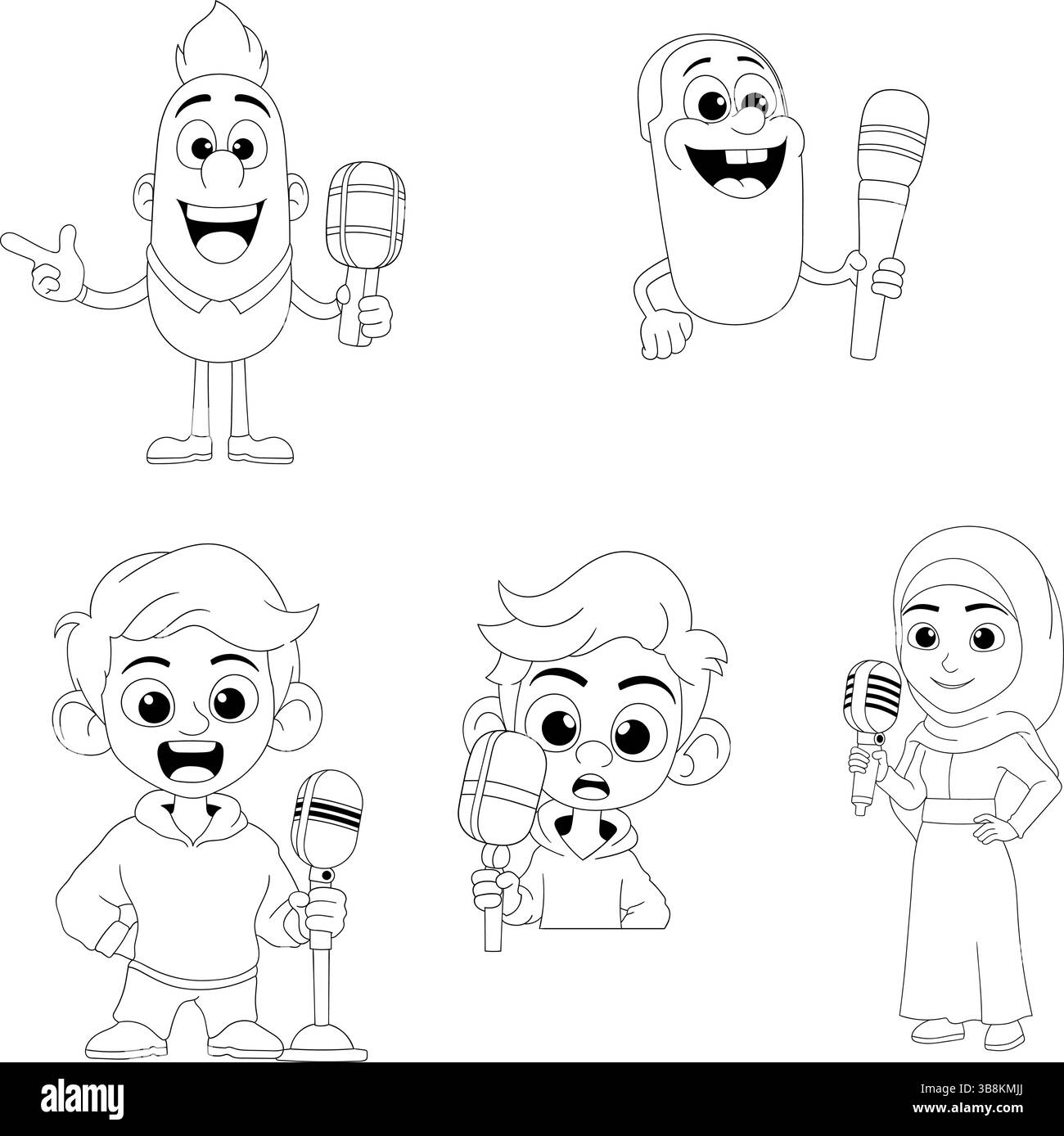 A collection of hand drawn, doodle style character mascots holding ...