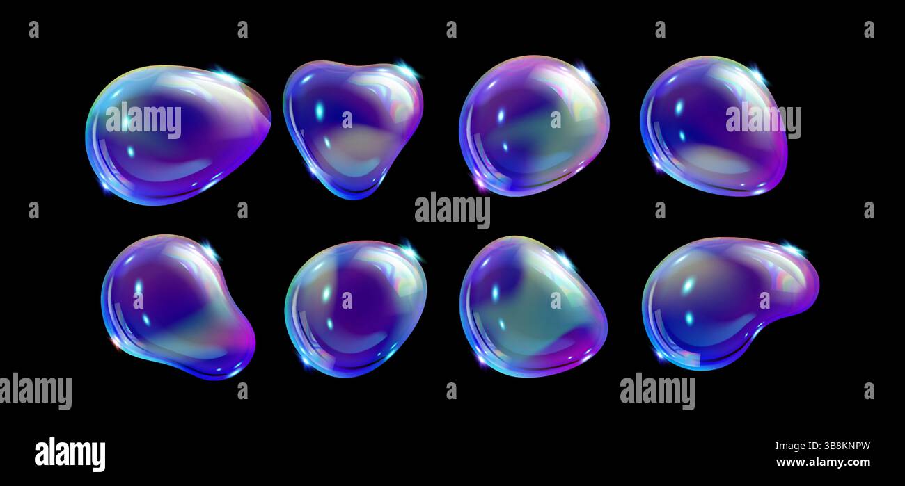 Holographic drops collection - iridescent fluid blobs with vibrant neon colors from pink to blue ...