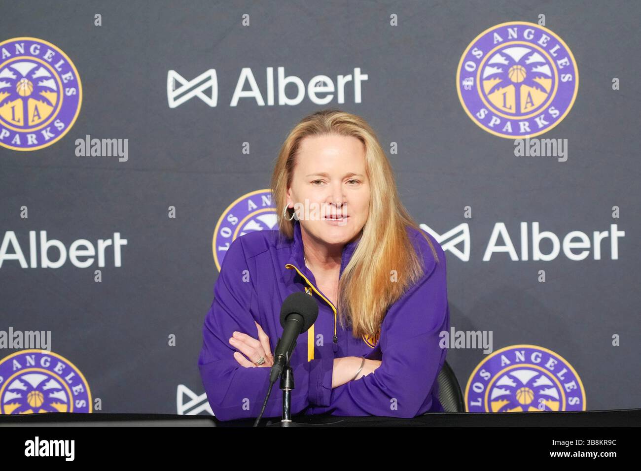 Lynne Roberts head coach of the Los Angeles Sparks during a WNBA press ...