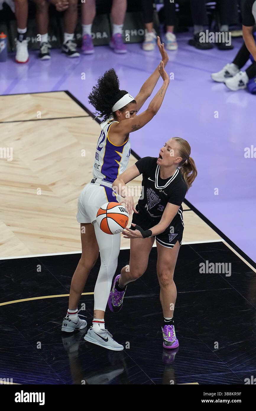 Golden State guard Julie Vanloo (35) passes around LA Sparks guard ...
