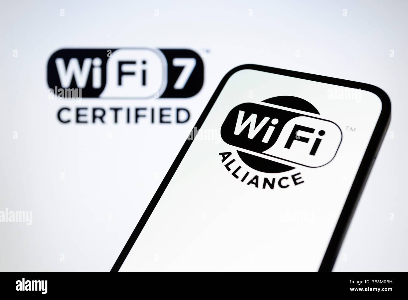 January 8, 2024, Asuncion, Paraguay: Wi-Fi Alliance logo is displayed on a smartphone ...