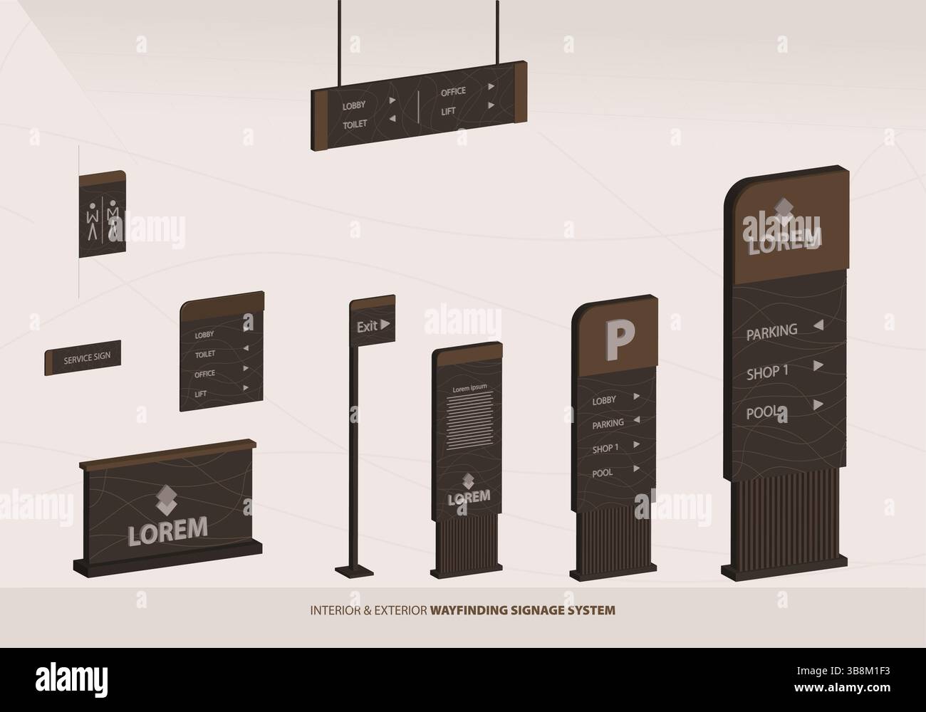Wayfinding system 3D signage mockup set Direction signs Exterior and interior way finding design ...