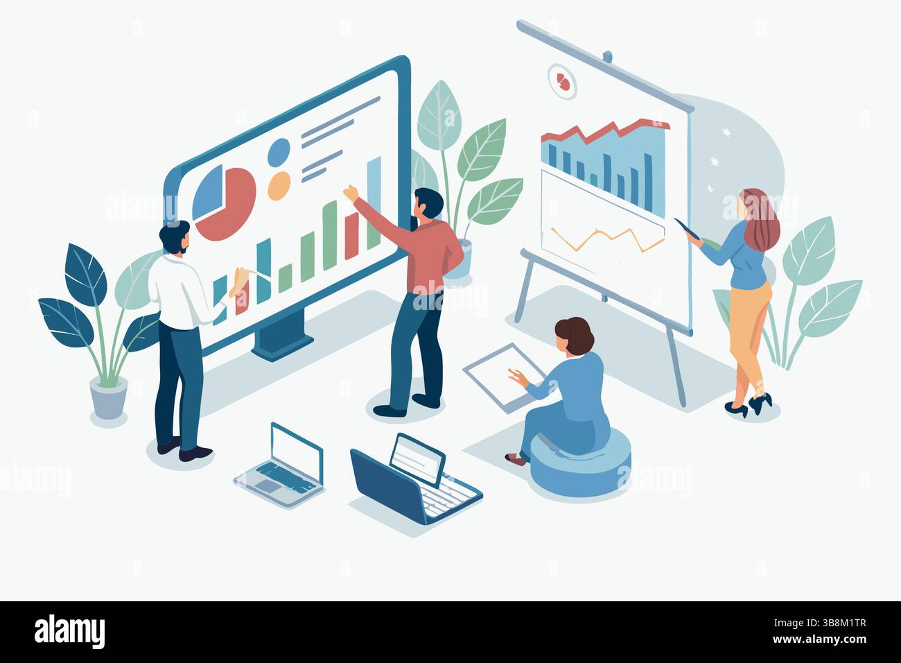 Team analyzing data charts graphs business presentation collaborative work modern office flat ...