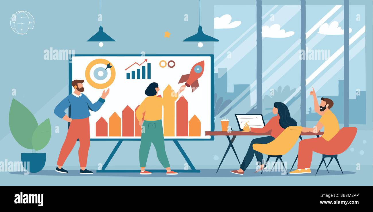 Team brainstorming innovative startup ideas reviewing graphs charts on ...