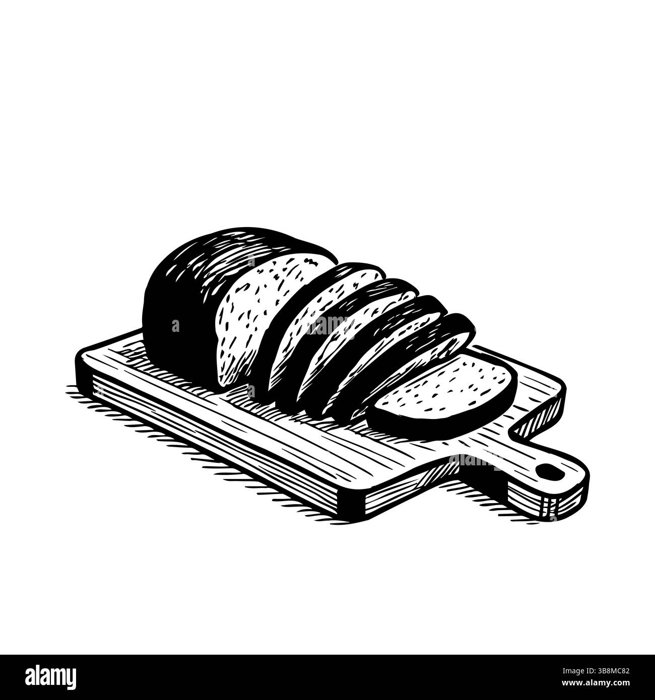 Hand drawn sketch of sliced bread. Fresh bread on a kitchen board ...