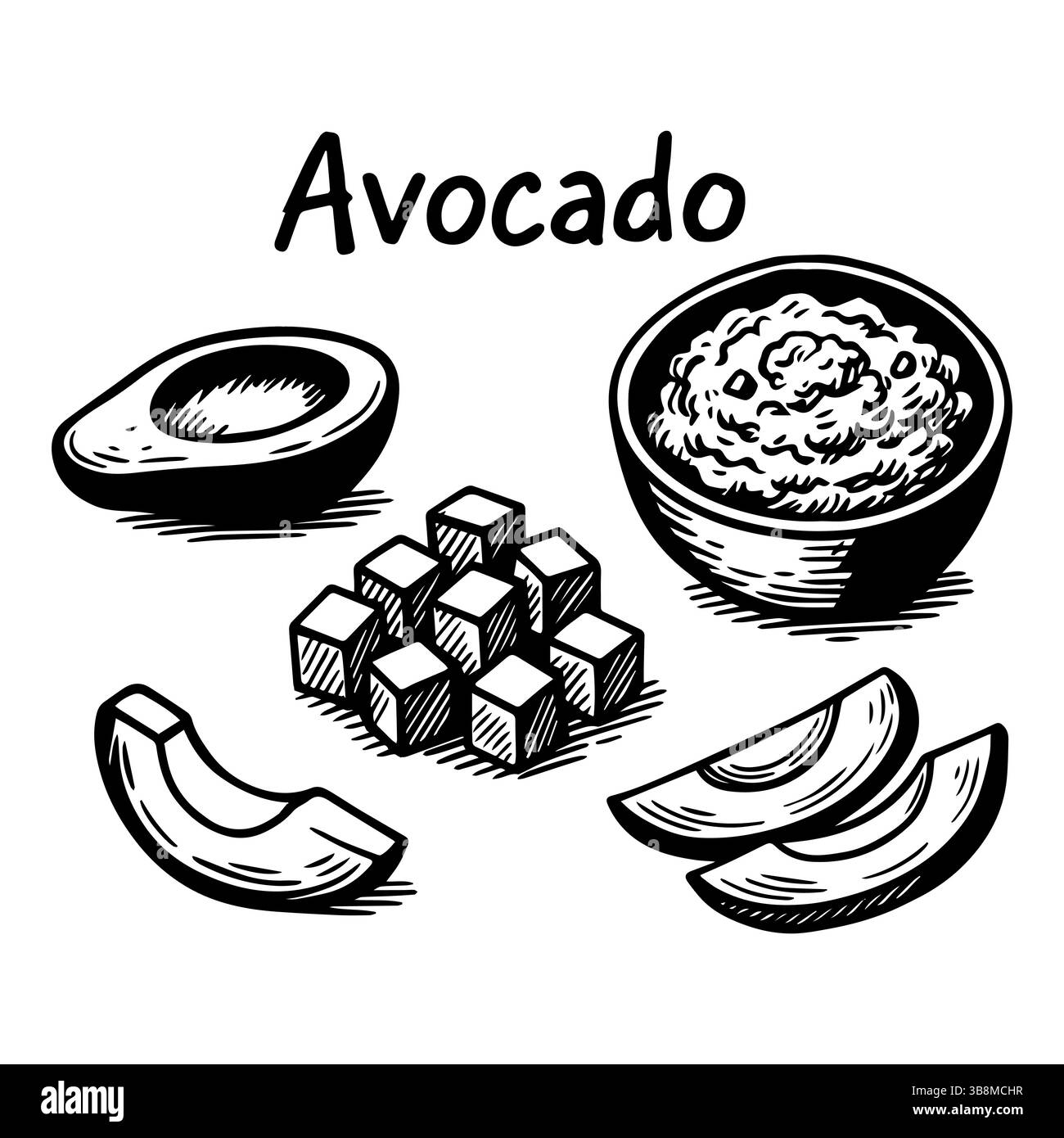 Avocado, Hand drawn sketch, sliced avocado, whole and in pieces. Vector ...