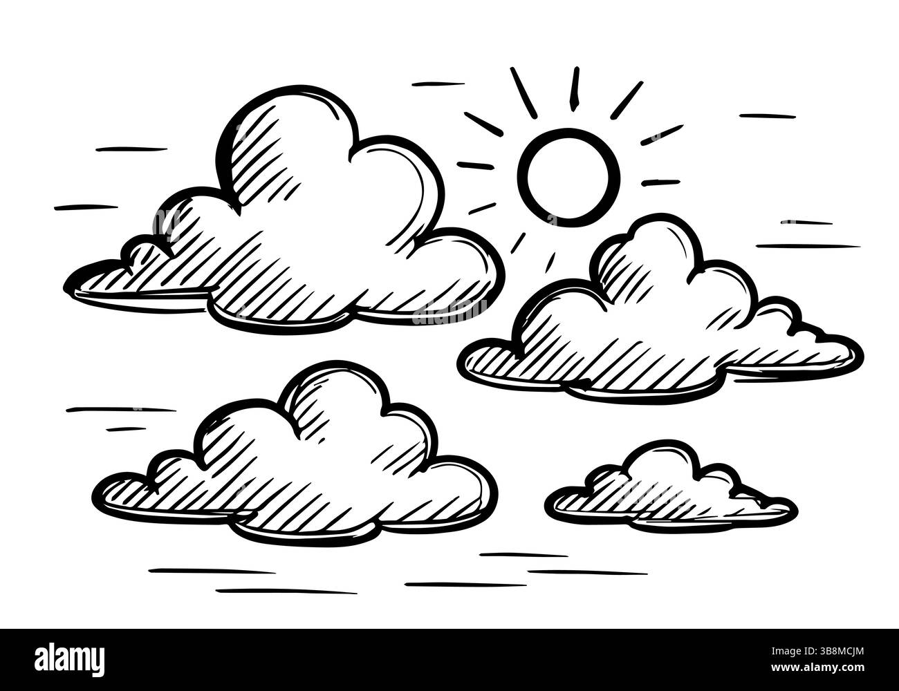 Hand drawn monochrome cartoon clouds. Engraving cloud sketch collection ...