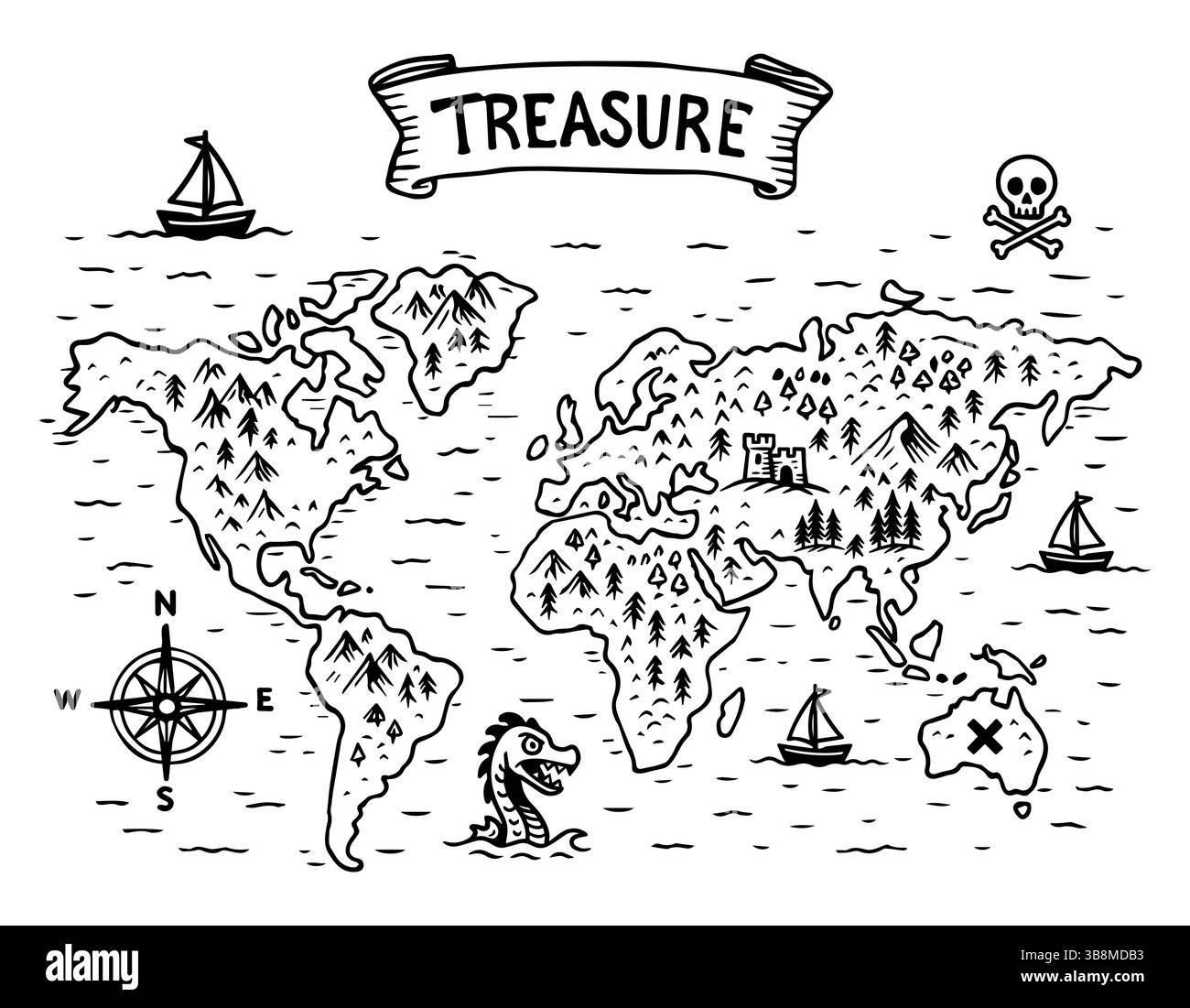 Treasure Island map. Doodle style. Vector hand drawing Stock Vector ...
