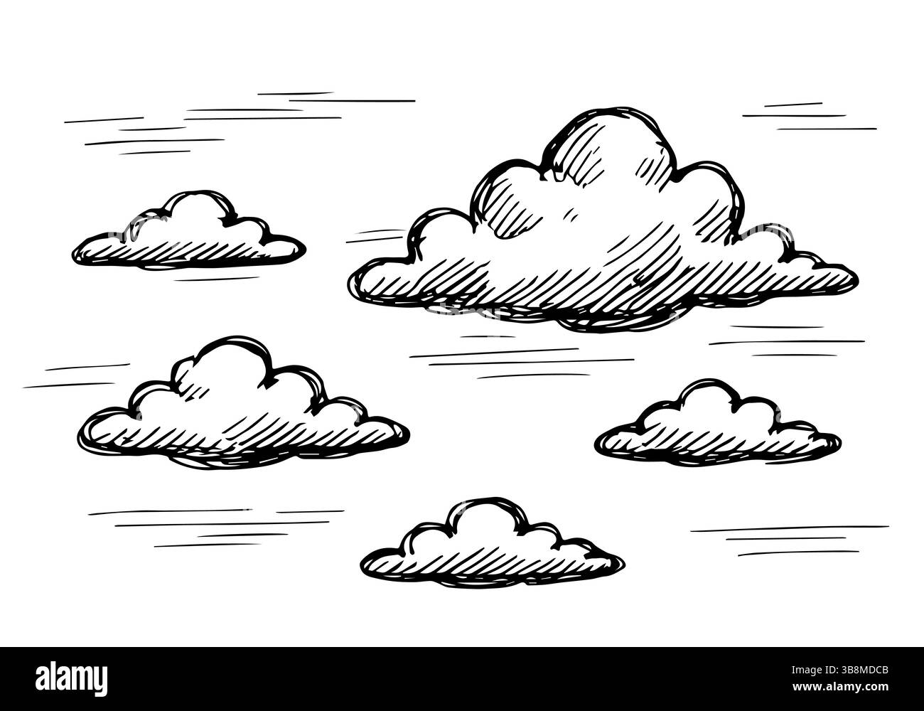 Hand drawn monochrome cartoon clouds. Engraving cloud sketch collection ...
