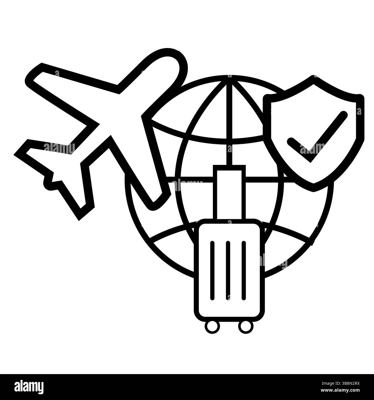 Travel insurance icon. Wheeled luggage, checkmark and shield sign ...