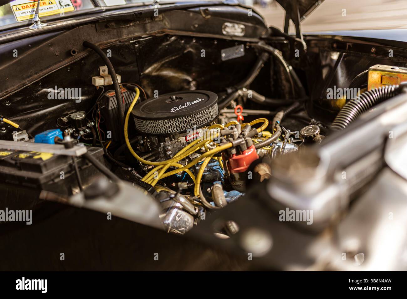 Rome, italy 4 may 2025: close-up of a powerful edelbrock engine ...