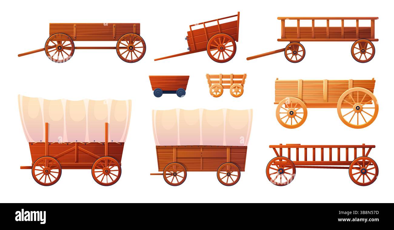 Vintage wooden wagons. Covered tent farmer wheelbarrows, western old ...