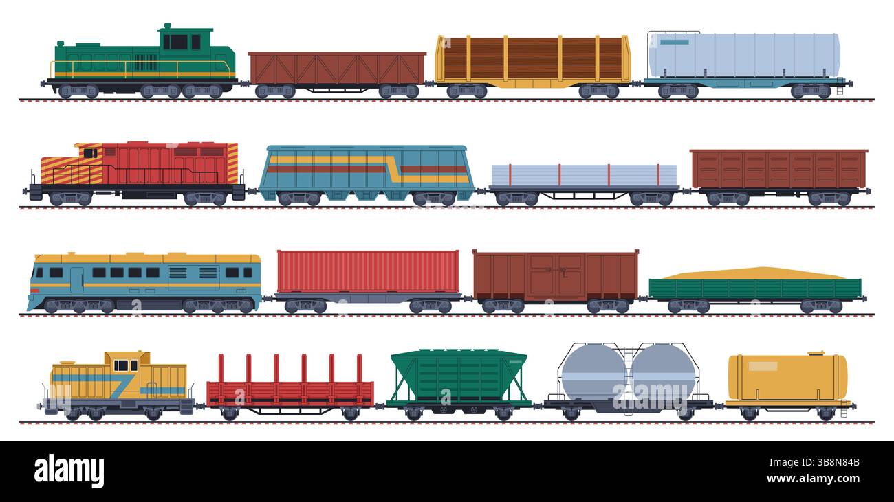 Goods trains. Wagons, containers and tanks, railway freight ...