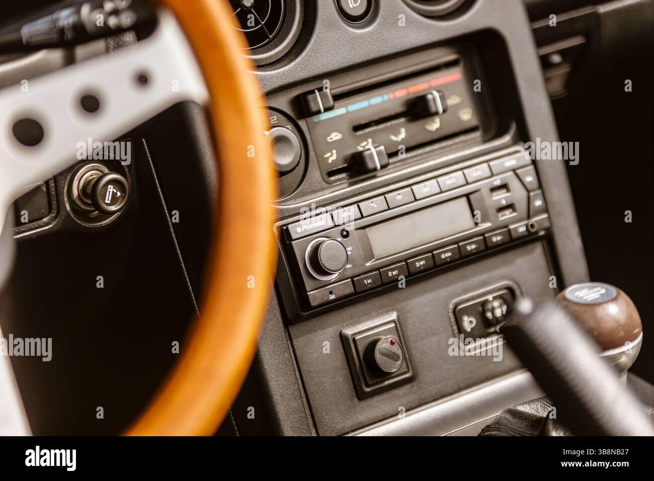 Rome, italy 4 may 2025: dashboard of a vintage car featuring a pioneer ...