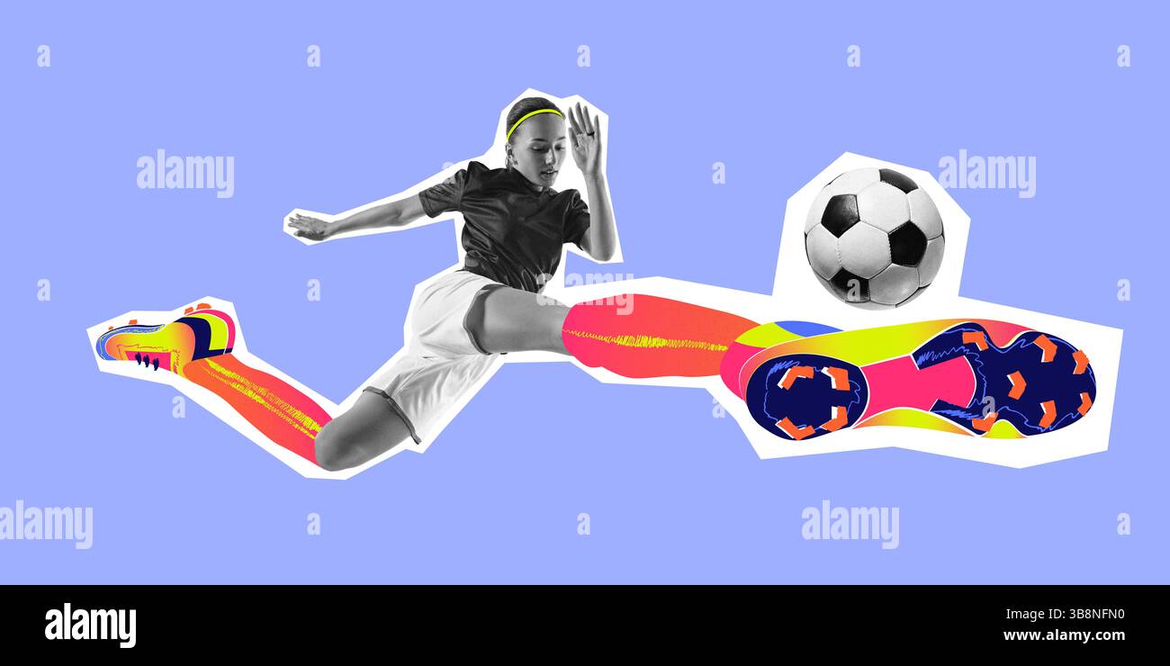 Creative art collage. Female football player leaps forward in striking ...
