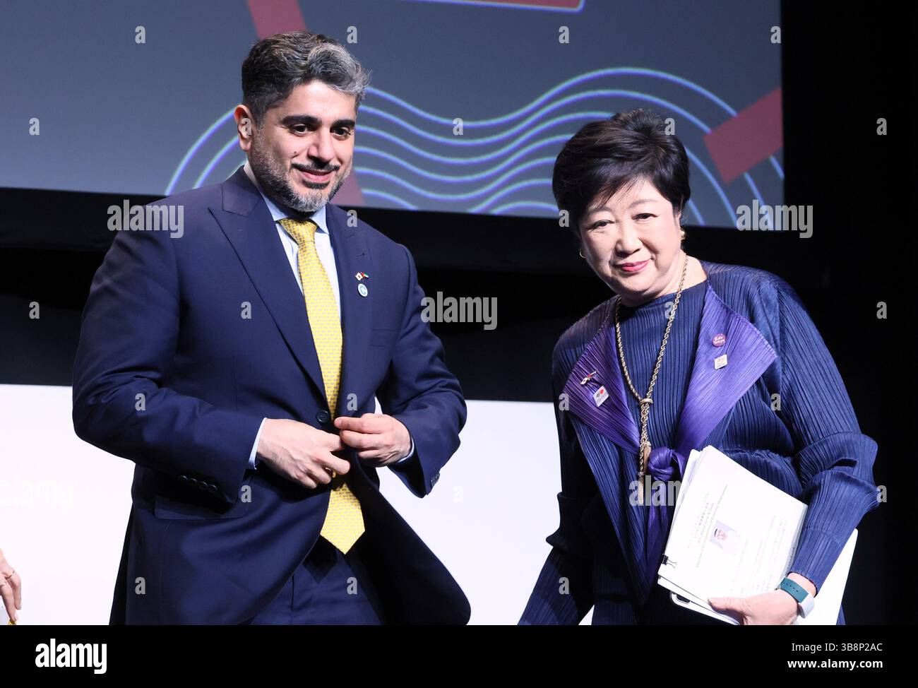 Tokyo, Japan. 8th May, 2025. Tokyo Govedrnor Yuriko Koike (R) shares smiles with UAE's Abu Dhabi ...